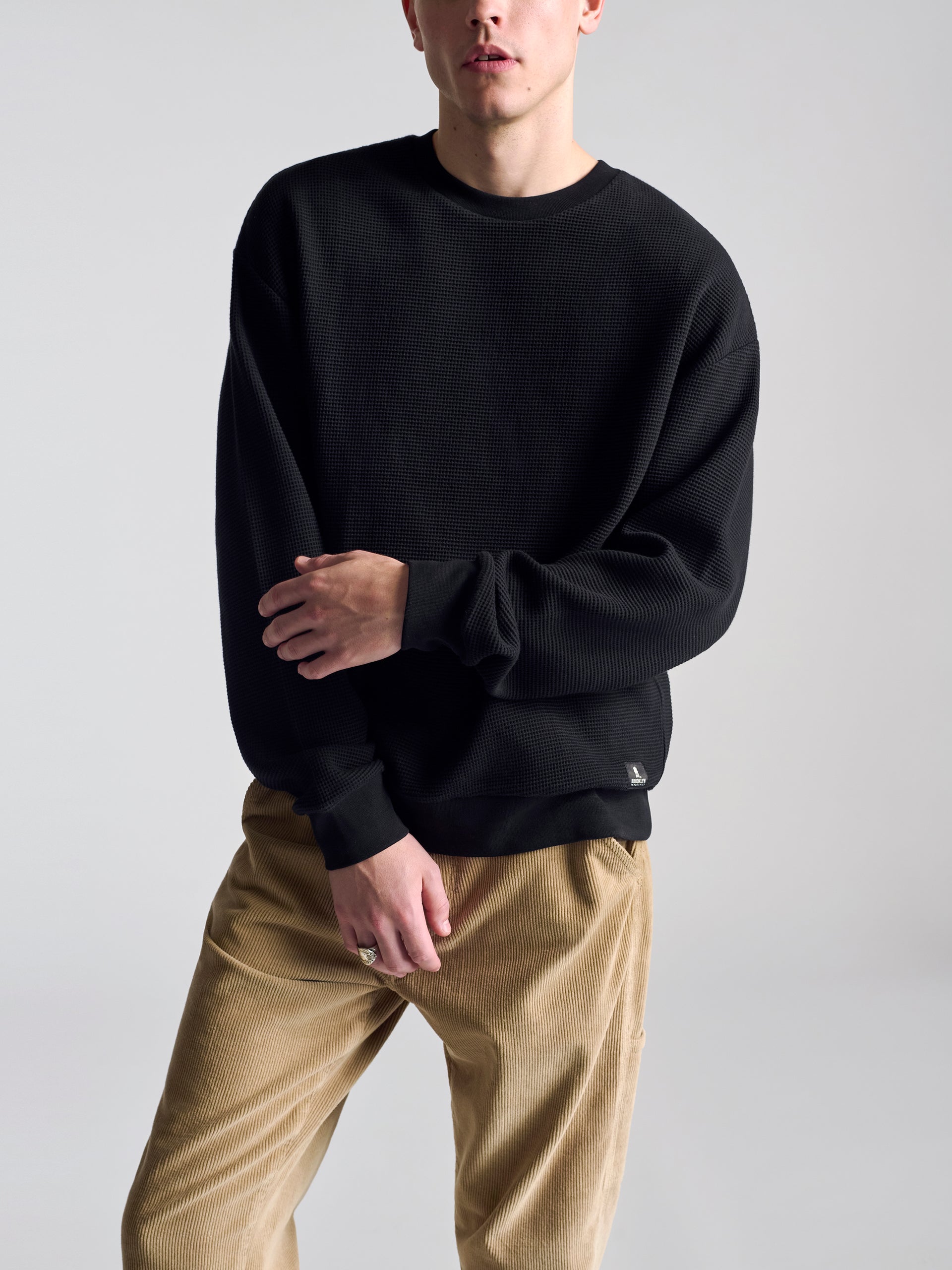 Men's Waffle Crew Neck Sweatshirt In Black | Brooklyn Industries